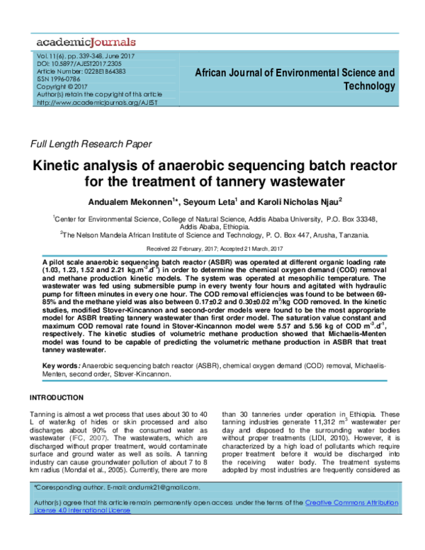(PDF) Kinetic analysis of anaerobic sequencing batch reactor for the treatment of tannery wastewater