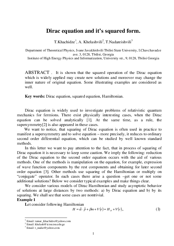 (PDF) Dirac equation and its squared form