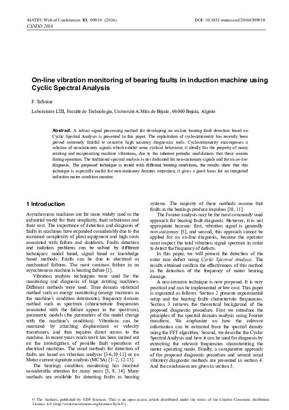 Pdf On Line Vibration Monitoring Of Bearing Faults In Induction Machine Usin Cyclic Spectral