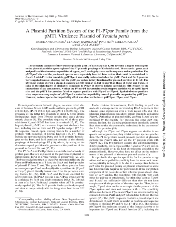 (PDF) A Plasmid Partition System of the P1-P7par Family from the pMT1 ...