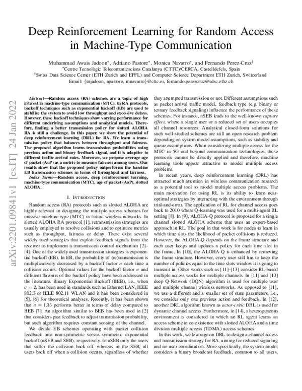 (PDF) Deep Reinforcement Learning for Random Access in Machine-Type Communication