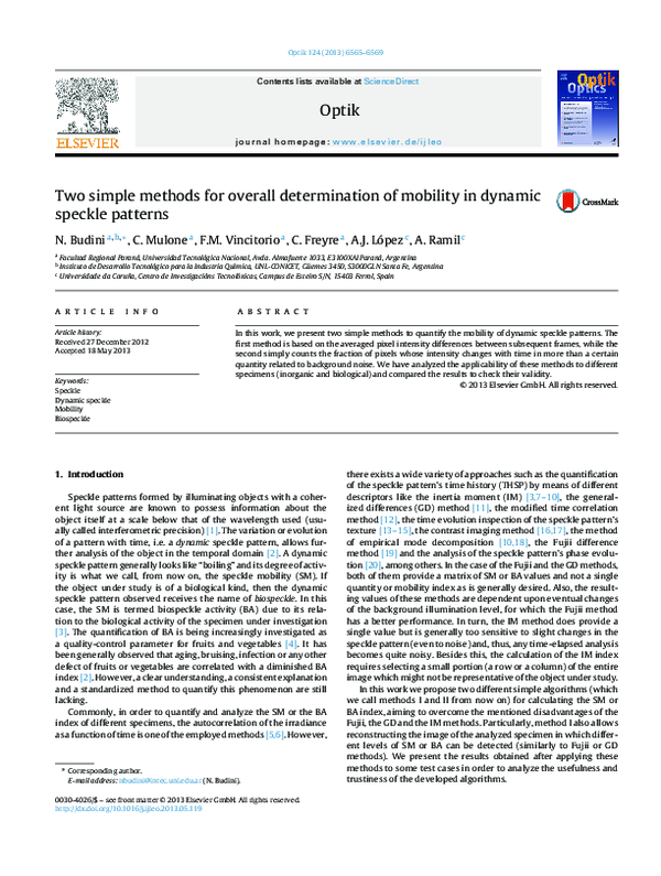 (PDF) Two simple methods for overall determination of mobility in dynamic speckle patterns