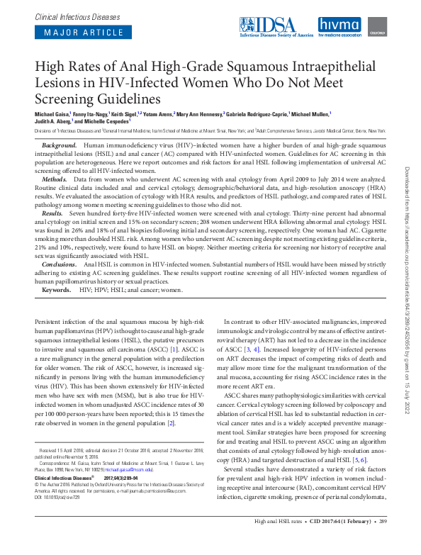 (PDF) Anal HSIL in HIV-Infected Women: Screening Outcomes and Risks