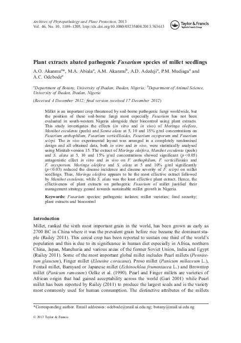 (PDF) Plant extracts abated pathogenicFusariumspecies of millet seedlings