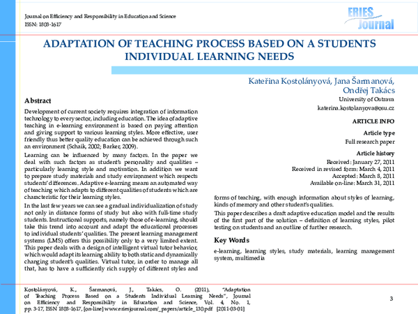 (PDF) Adaptation of Teaching Process Based on a Students Individual ...