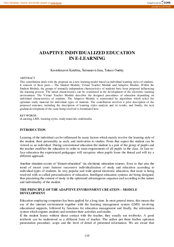 (PDF) Adaptive individualized education in e-learning