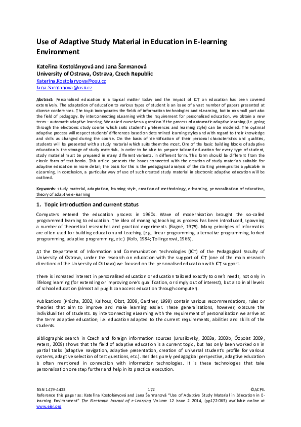 (PDF) Modeling Automatic Adaptive Learning in E-Learning