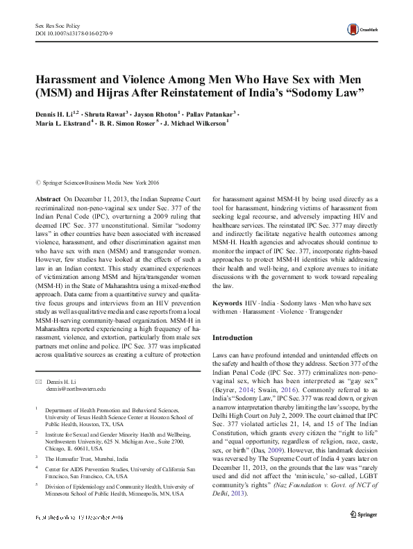 (PDF) Harassment and Violence Among Men Who Have Sex with Men (MSM) and ...