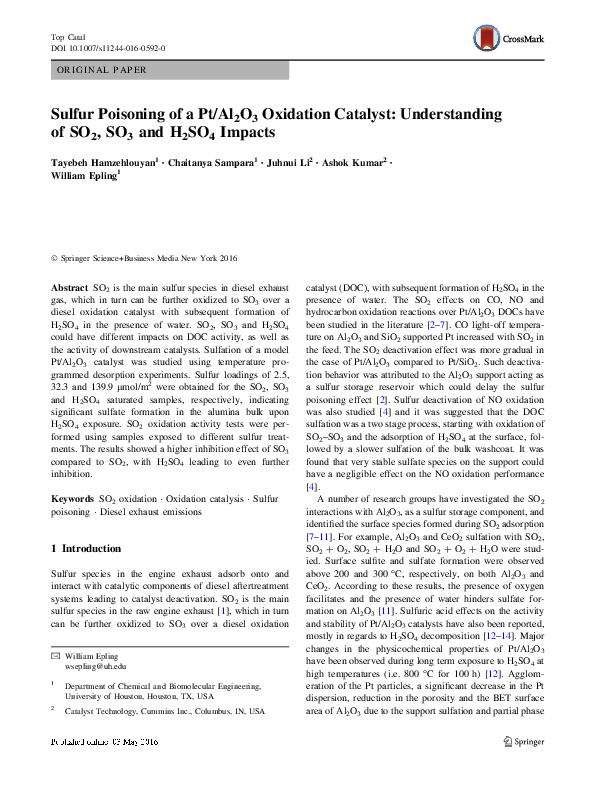 (PDF) Sulfur Poisoning of a Pt/Al2O3 Oxidation Catalyst: Understanding ...