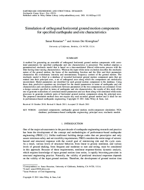 (PDF) Simulation of orthogonal horizontal ground motion components for specified earthquake and ...