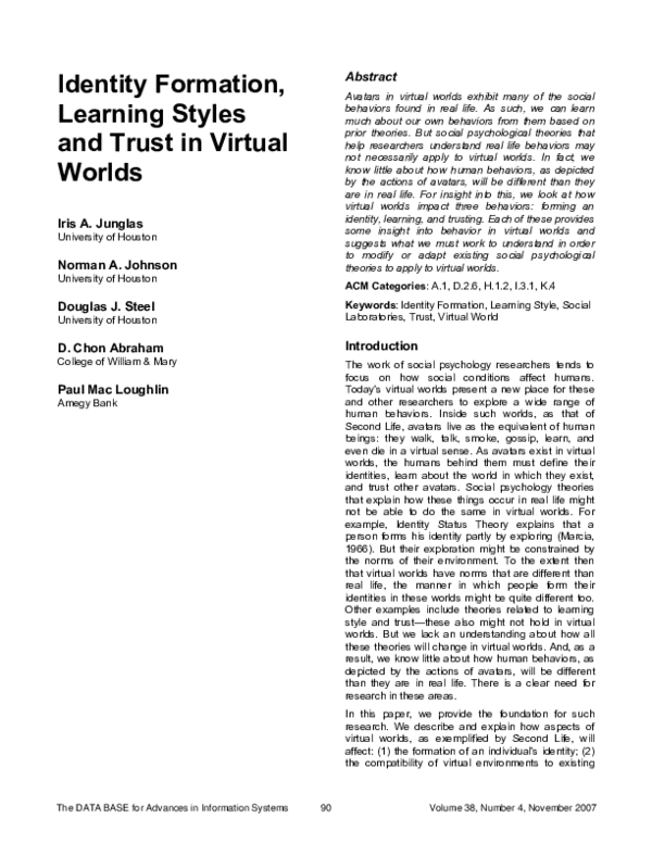(PDF) Identity formation, learning styles and trust in virtual worlds