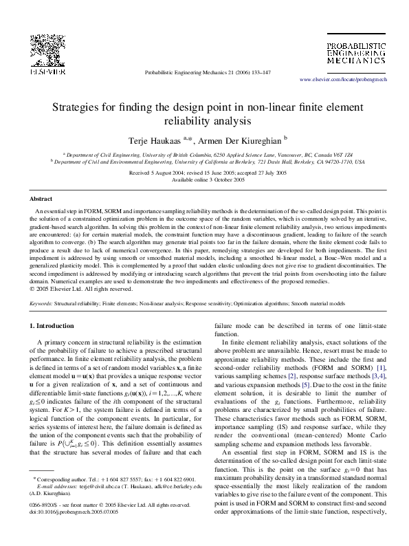 Pdf Strategies For Finding The Design Point In Non Linear Finite Element Reliability Analysis