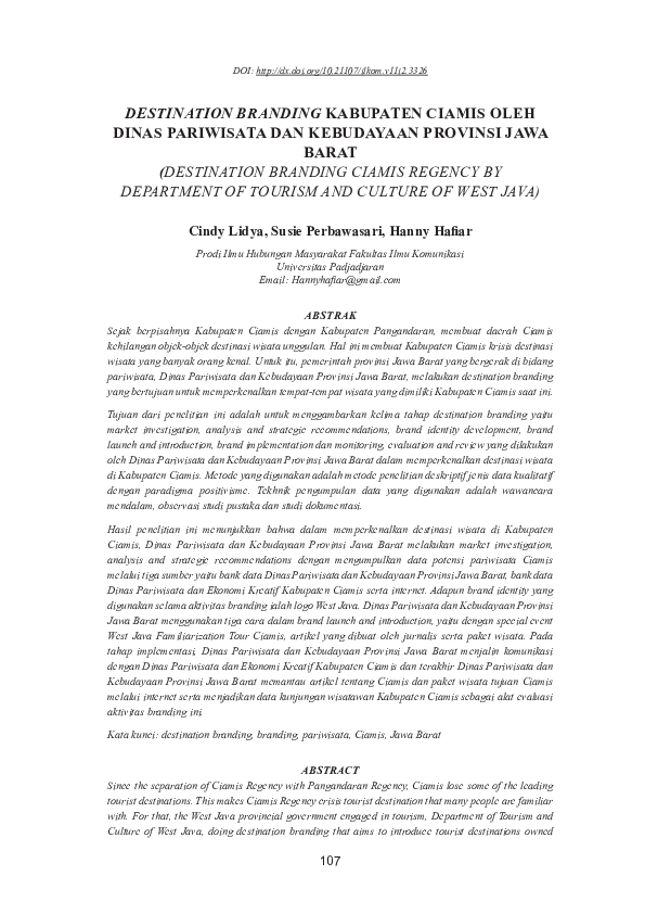 (PDF) Destination Branding Kabupaten Ciamis Oleh Dinas Pariwisata Dan ...