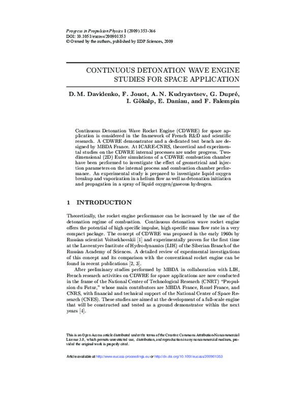 (PDF) Continuous detonation wave engine studies for space application