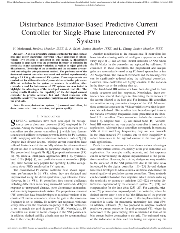 (PDF) Disturbance Estimator-Based Predictive Current Controller for Single-Phase Interconnected ...