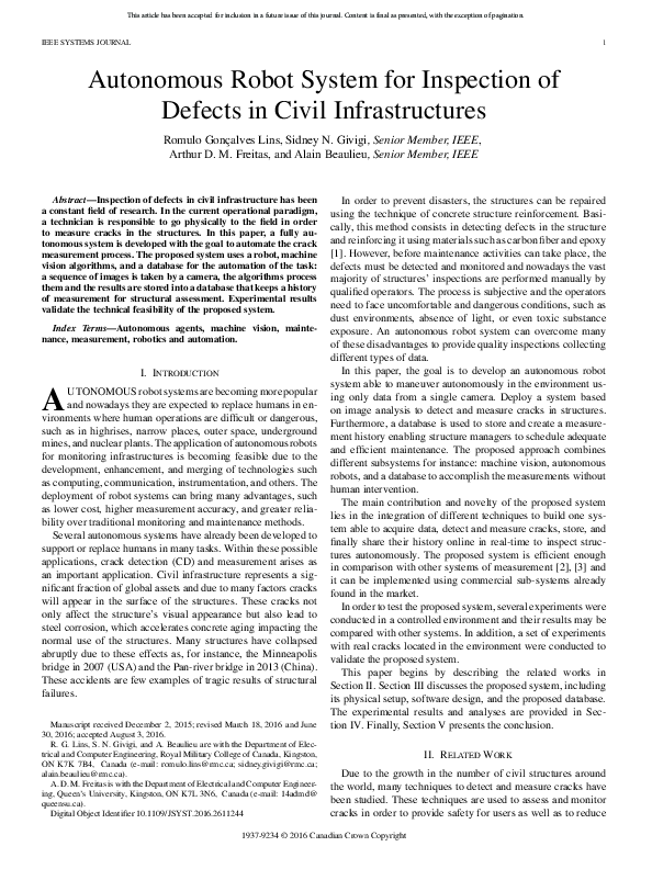 (PDF) Autonomous Robot System for Inspection of Defects in Civil Infrastructures