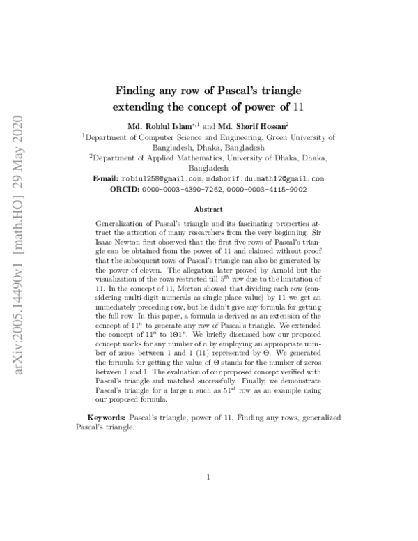 (PDF) Finding any row of Pascal's triangle extending the concept of ...