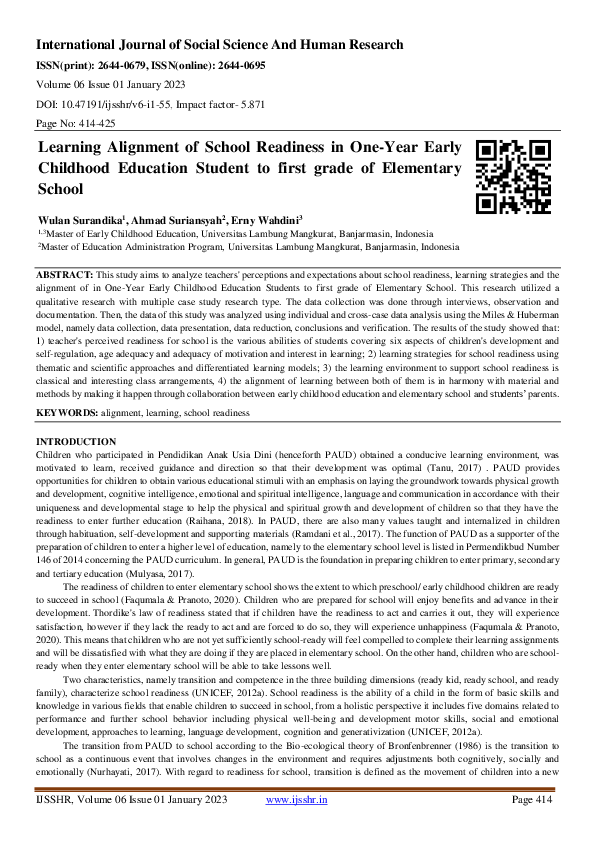 (PDF) Learning Alignment of School Readiness in One-Year Early Childhood Education Student to ...