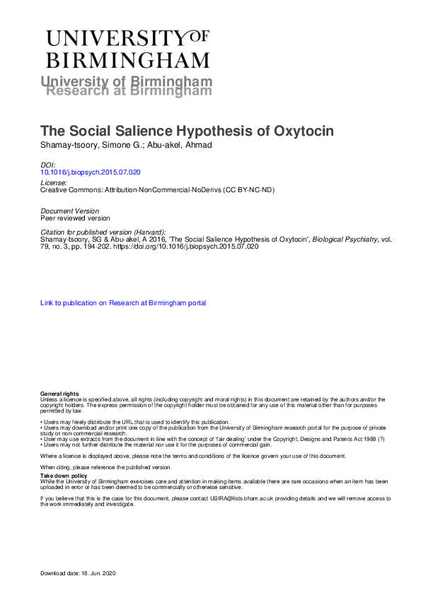 (PDF) The Social Salience Hypothesis of Oxytocin | Simone Shamay-Tsoory ...