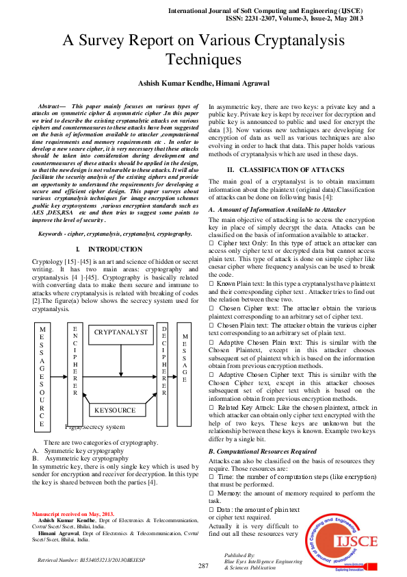 (PDF) A Survey Report on Various Cryptanalysis Techniques