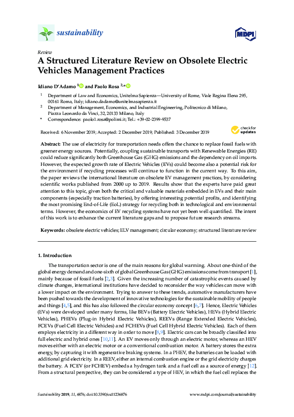 Pdf A Structured Literature Review On Obsolete Electric Vehicles Management Practices