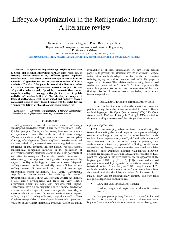(PDF) Lifecycle optimization in the refrigeration industry: A ...