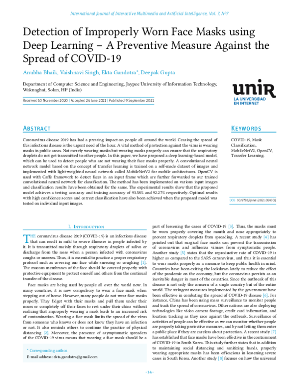 (PDF) Detection of Improperly Worn Face Masks using Deep Learning – A Preventive Measure Against ...