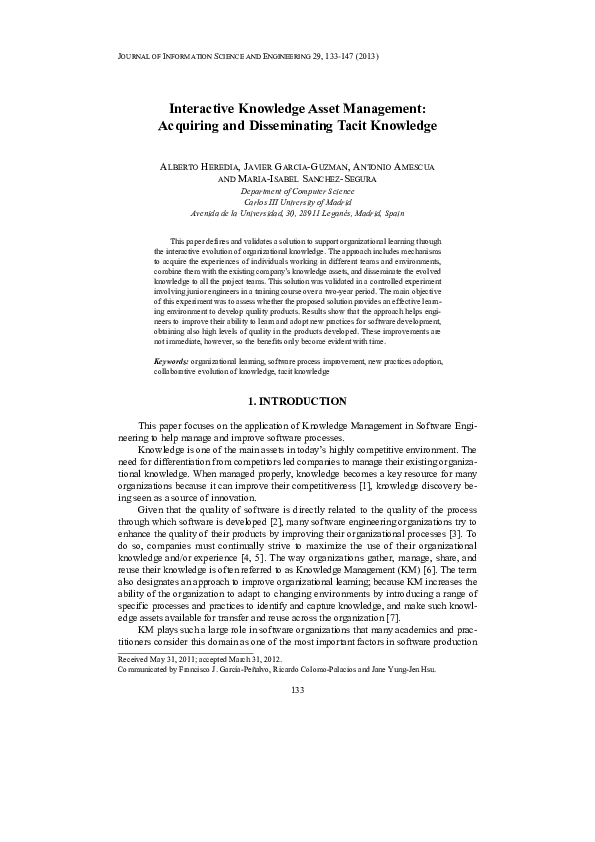 (PDF) Interactive Knowledge Asset Management: Acquiring and Disseminating Tacit Knowledge