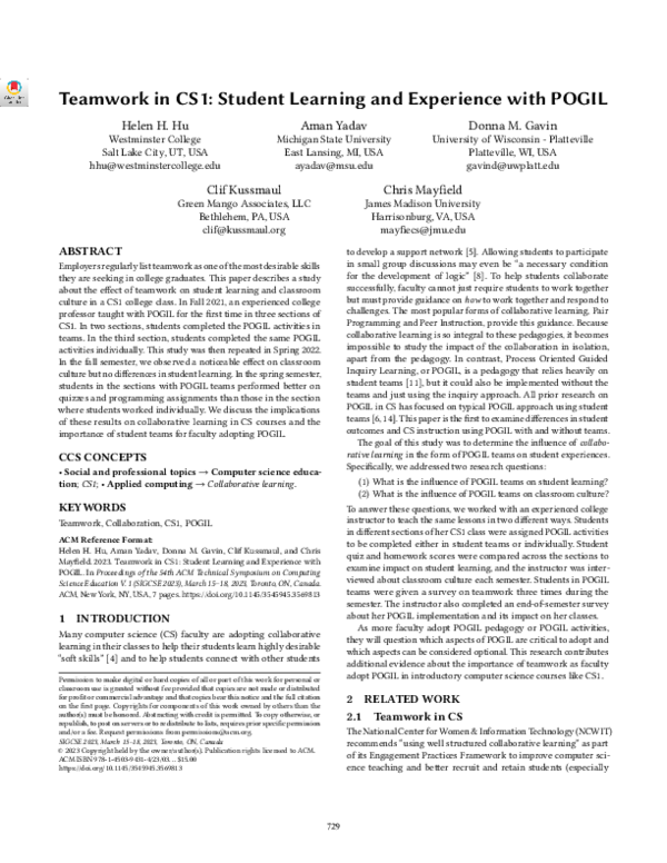(PDF) Teamwork in CS1: Student Learning and Experience with POGIL