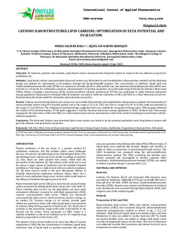 Pdf Cationic Nanostructured Lipid Carriers Optimization Of Zeta Potential And Evaluation