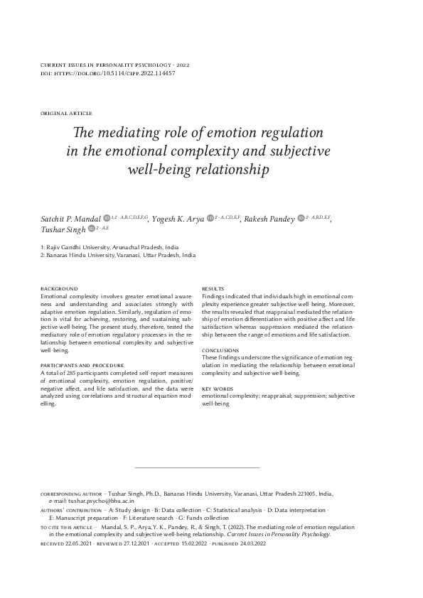 (PDF) The mediating role of emotion regulation in the emotional complexity and subjective well ...