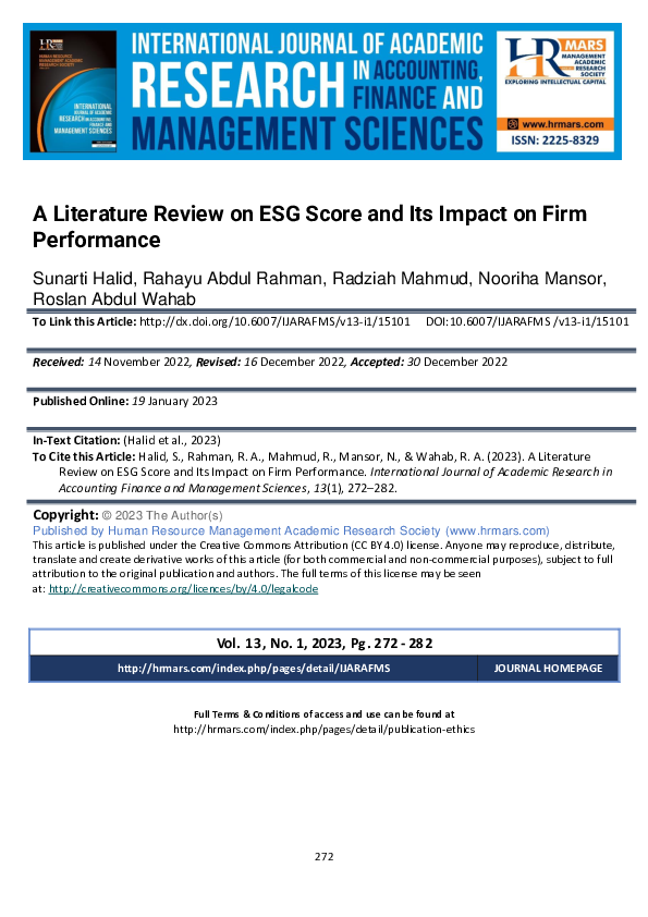 (PDF) A Literature Review on ESG Score and Its Impact on Firm Performance