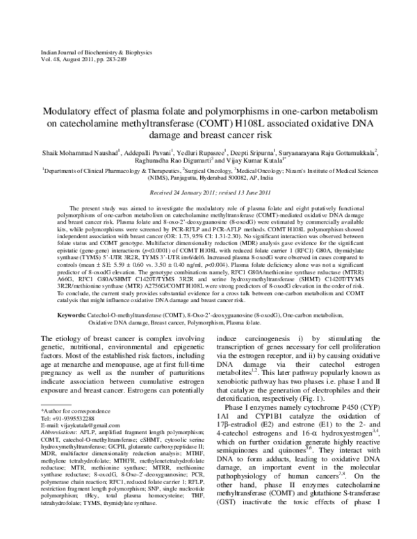 (PDF) Modulatory effect of plasma folate and polymorphisms in one-carbon metabolism on ...