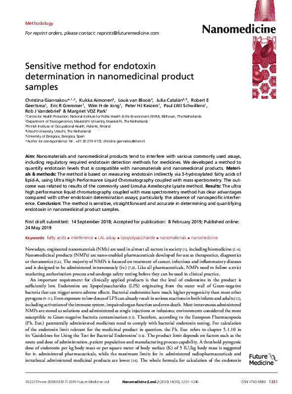 (PDF) Sensitive method for endotoxin determination in nanomedicinal ...