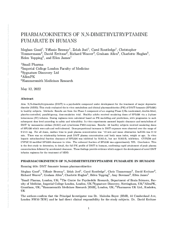 (PDF) Pharmacokinetics of N,N-Dimethyltryptamine Fumarate in Humans