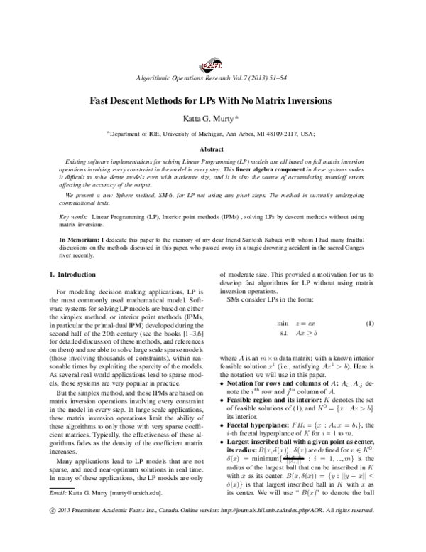 (PDF) Fast Descent Methods for LPs With No Matrix Inversions