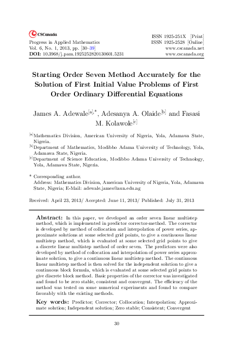 (PDF) Starting Order Seven Method Accurately for the Solution of First Initial Value Problems of ...