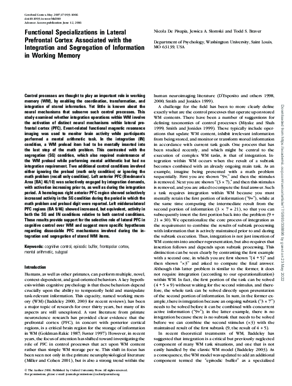 (PDF) Functional Specializations in Lateral Prefrontal Cortex Associated with the Integration ...