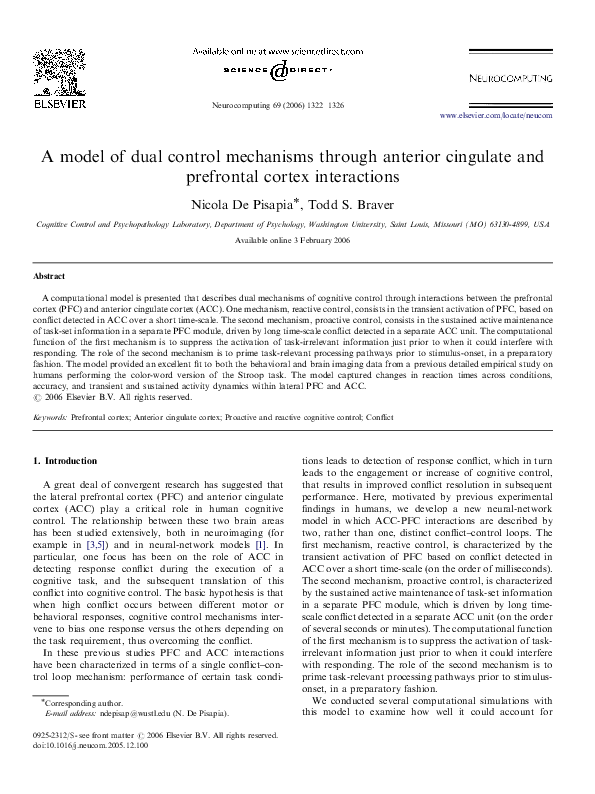 (PDF) A model of dual control mechanisms through anterior cingulate and ...