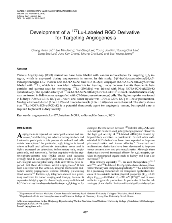 (PDF) Development of a 177 Lu-Labeled RGD Derivative for Targeting ...