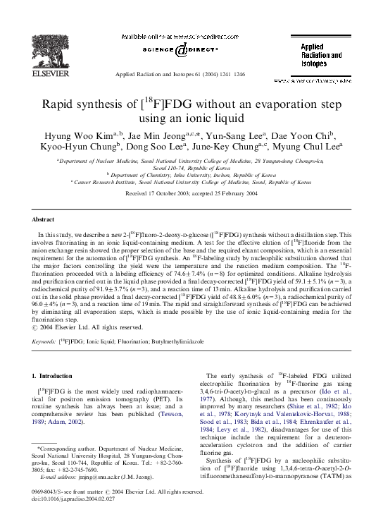 (PDF) Rapid synthesis of [18F]FDG without an evaporation step using an ...