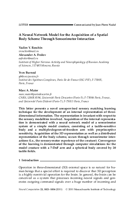 (PDF) 3D Body Scheme Acquisition via Sensorimotor Learning