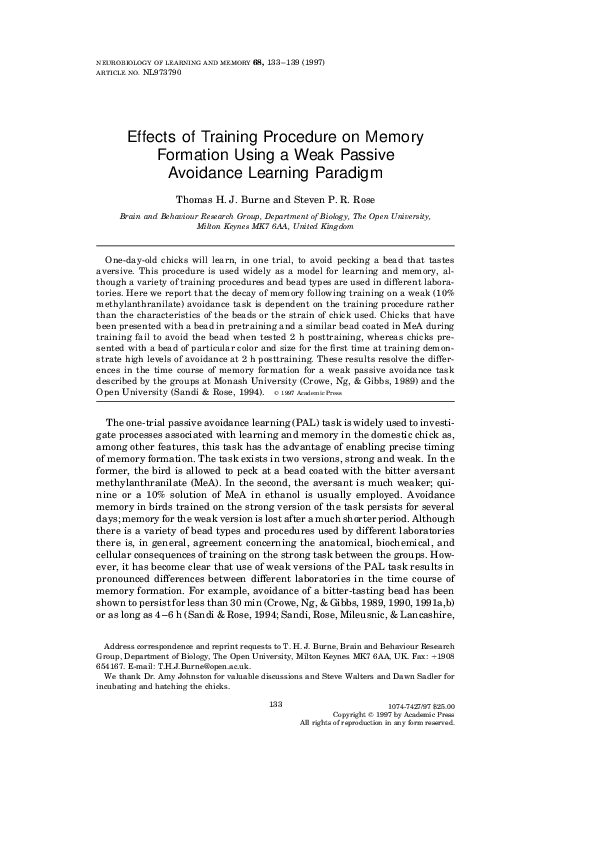 (PDF) Effects of Training Procedure on Memory Formation Using a Weak Passive Avoidance Learning ...