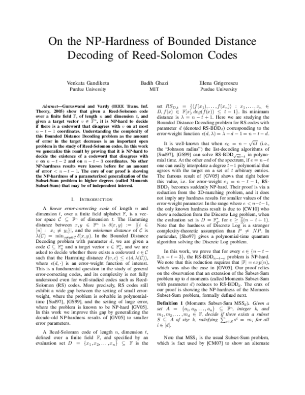 (PDF) On the NP-hardness of bounded distance decoding of Reed-Solomon codes