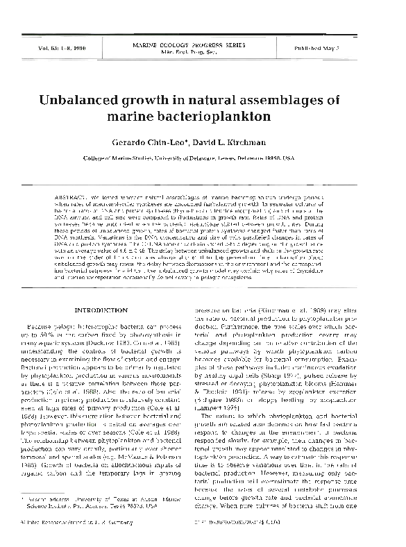 (PDF) Unbalanced growth in natural assemblages of marine bacterioplankton