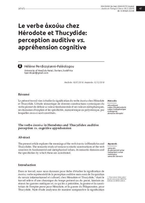 (PDF) Le verbe ảκούω chez Hérodote et Thucydide: perception auditive vs ...