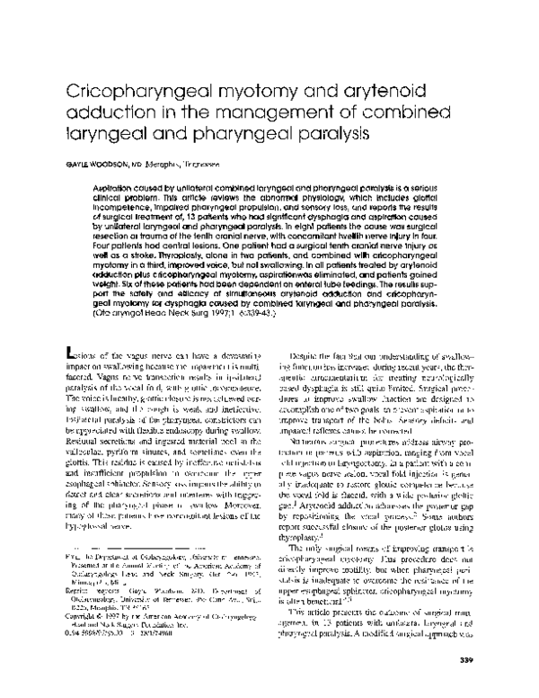 (PDF) Cricopharyngeal myotomy and arytenoid adduction in the management ...