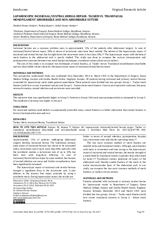 (PDF) Laparoscopic Incisional/Ventral Hernia Repair- Tacker vs ...