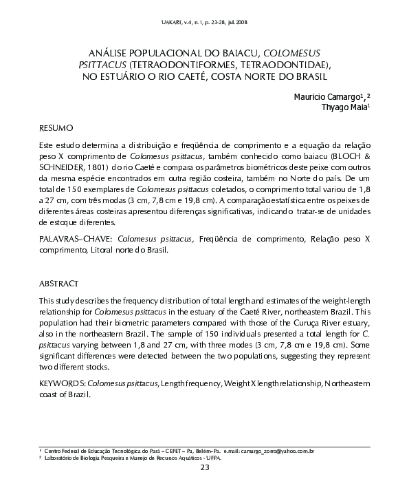 (PDF) Análise Populacional Do Baiacu, Colomesus Psittacus ...