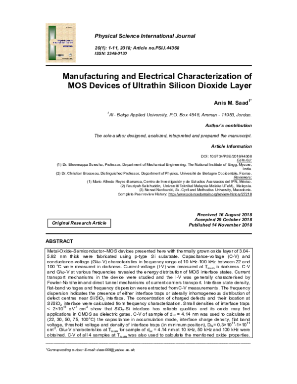 (PDF) Manufacturing and Electrical Characterization of MOS Devices of ...